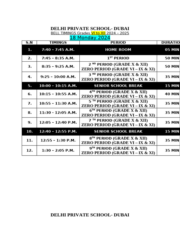 Delhi Private School Dubai Bell Timings 2024-2025 | PDF