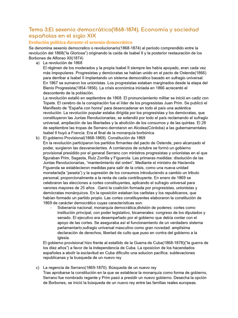 Tema 3_ El sexenio democrático(1868-1874). Economía y sociedad españolas en el siglo XIX | PDF