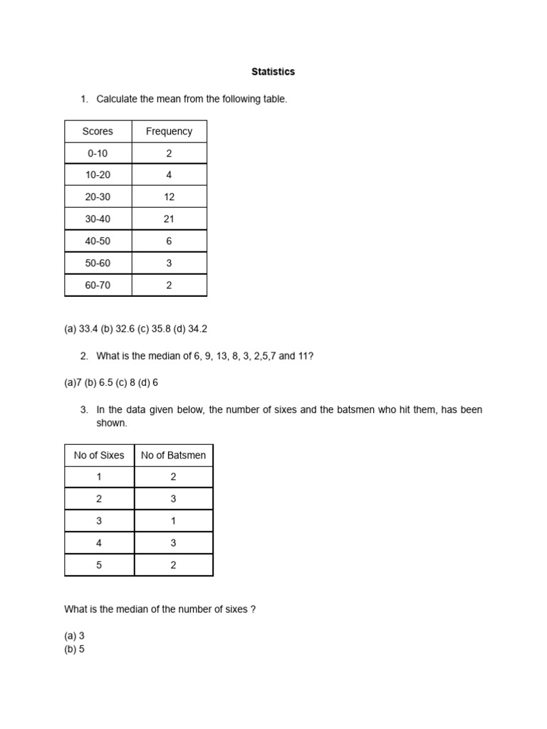 Statistics (Class Worksheet) | PDF | Median | Mean