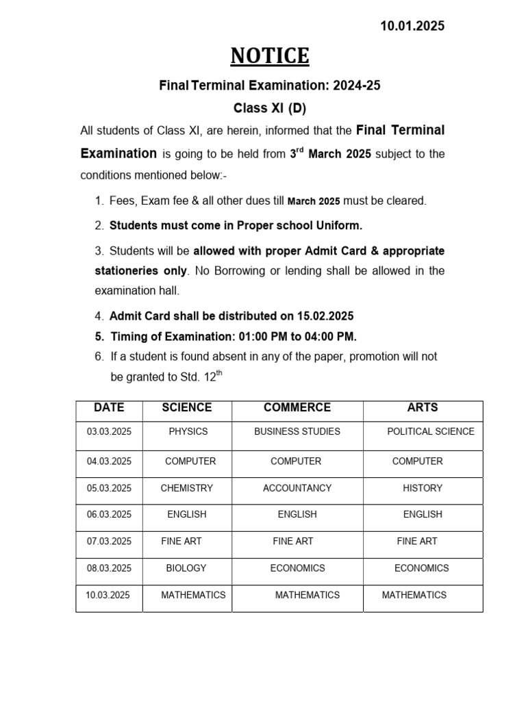 Final Exam Notice-24-25-Xi (D) | PDF