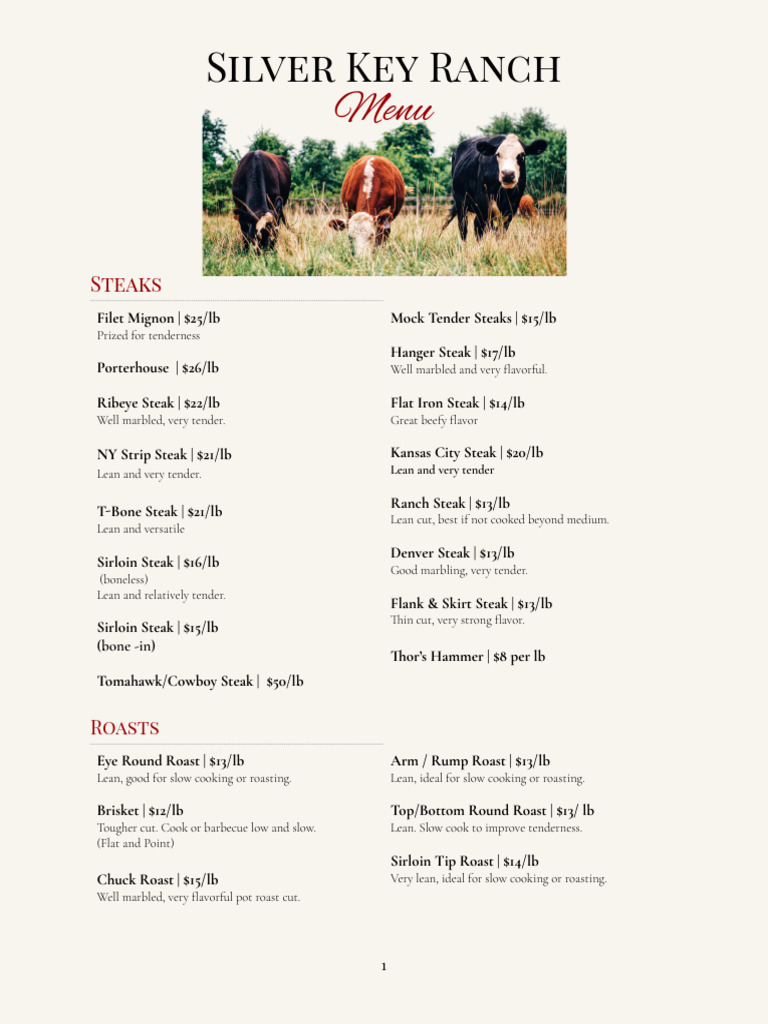Silver Key Ranch Menu - Agriculture Example Menu With Pricing Sheets ...