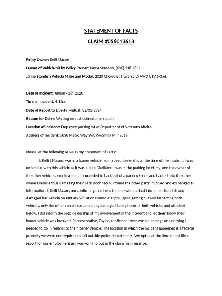 Vehicle Accident Statement of Facts | PDF