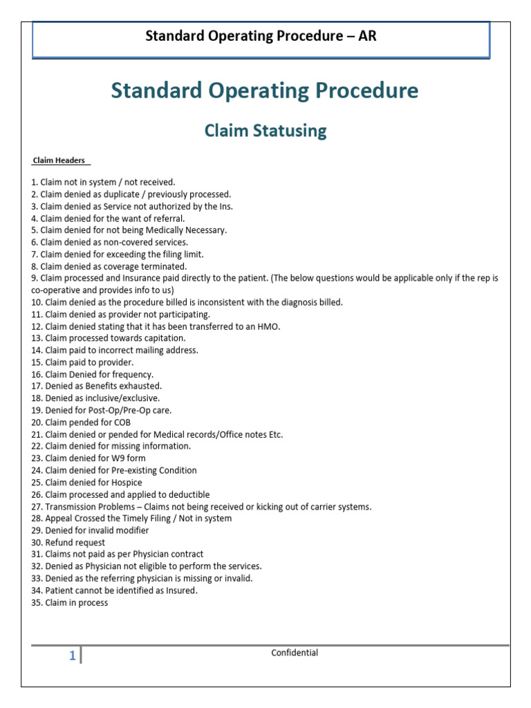 AR Claims Denial SOP Guide | PDF | Medical Record | Insurance