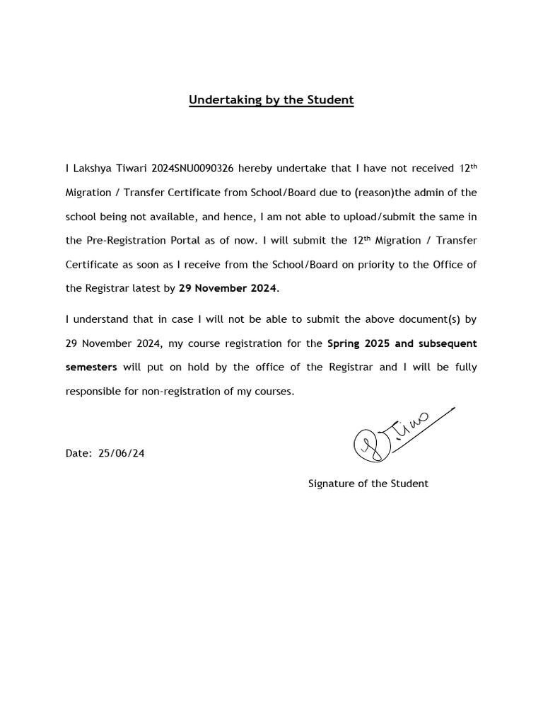 Undertaking by Student | PDF