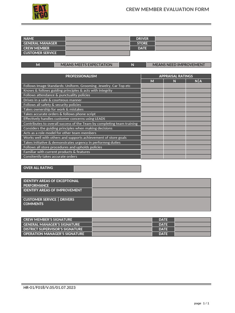 Crew Member Evaluation Form Template | PDF