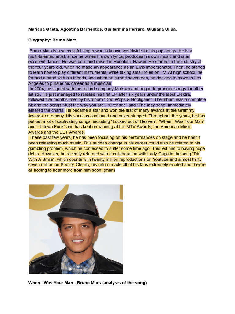 Bruno Mars: Biography & Song Analysis | PDF | Recorded Music | Sound ...