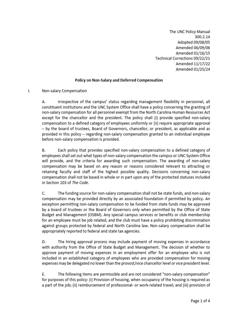 UNC Non-Salary Compensation Policy | PDF | Employment | University Of ...