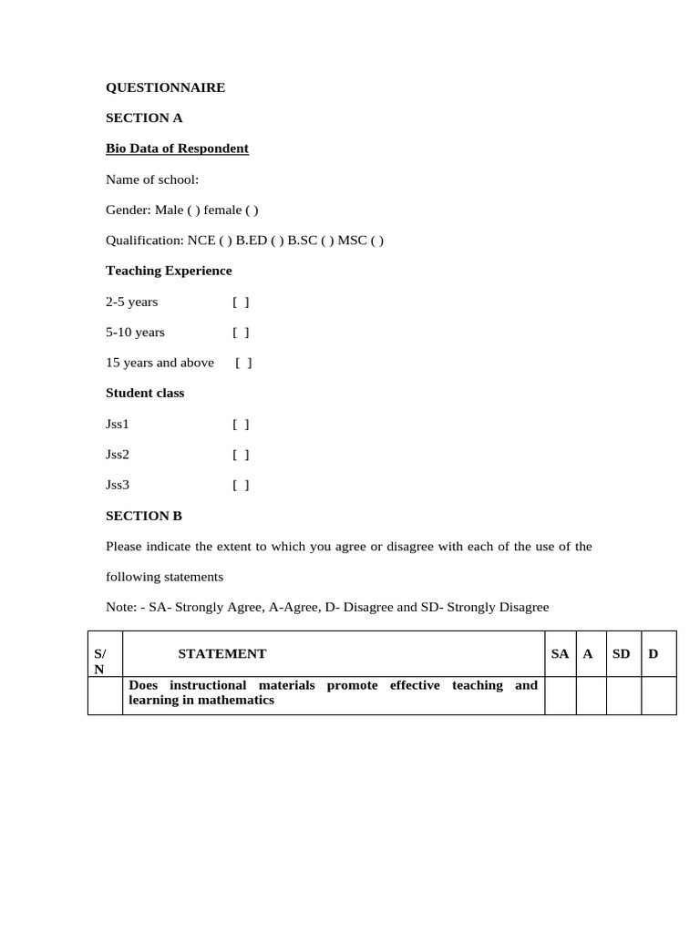 Questionnaire For Project | PDF | Learning | Mathematics