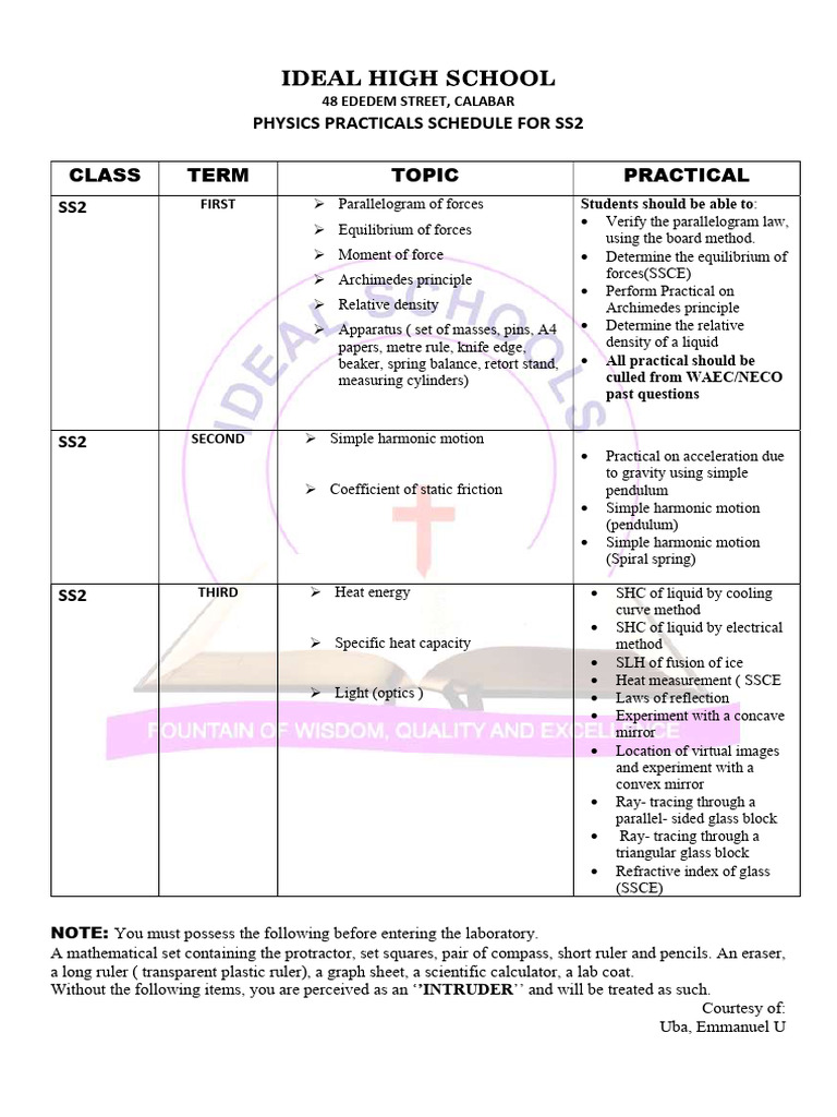 SS 2 Physics Practical Schedule | PDF | Force | Mirror