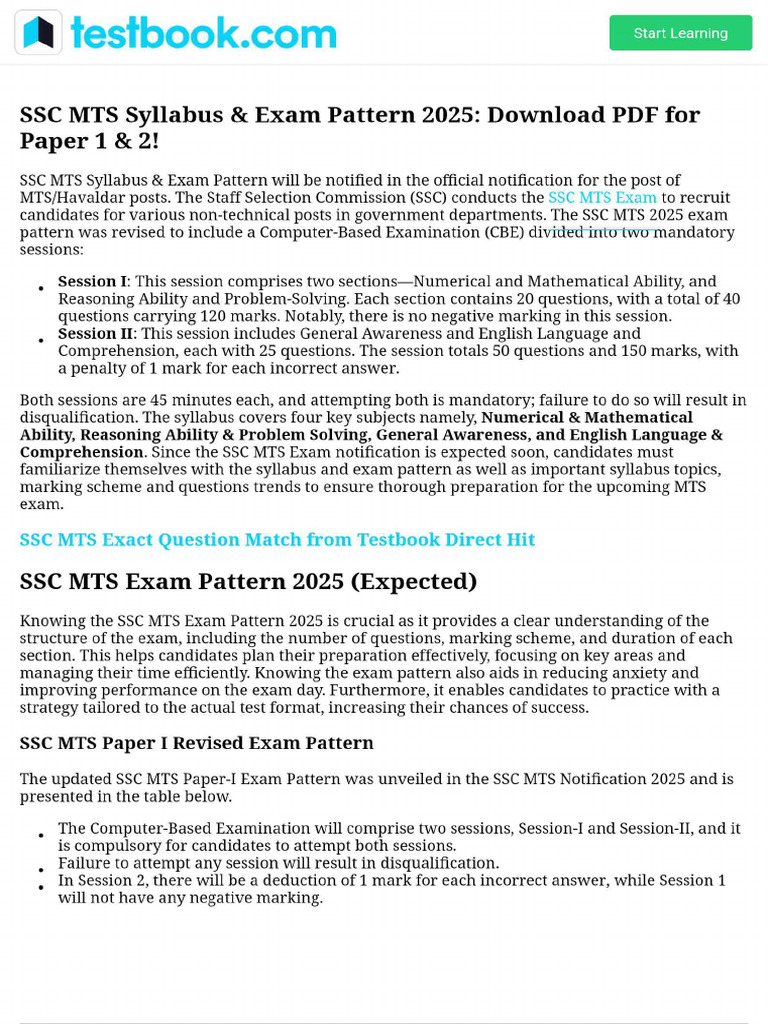 SSC MTS Syllabus & Exam Pattern 2025 - Download PDF For Paper 1 & 2! | PDF
