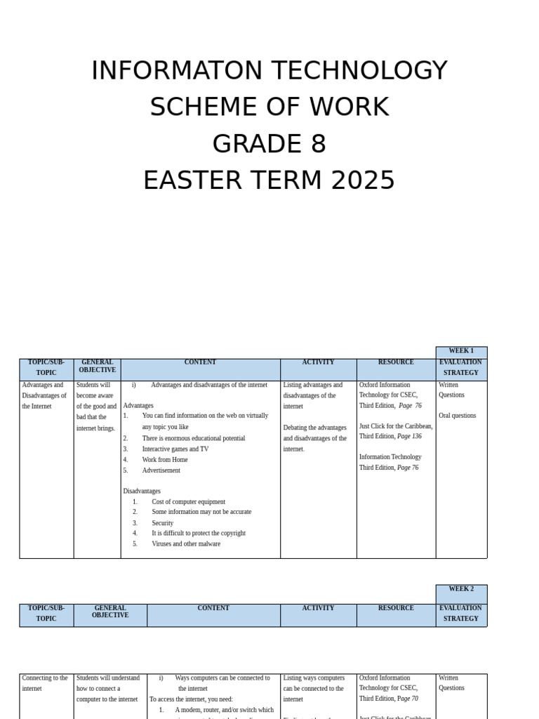 Informaton Technology Grade 8 Scheme Easter Term 2025 | PDF | Network Interface Controller ...