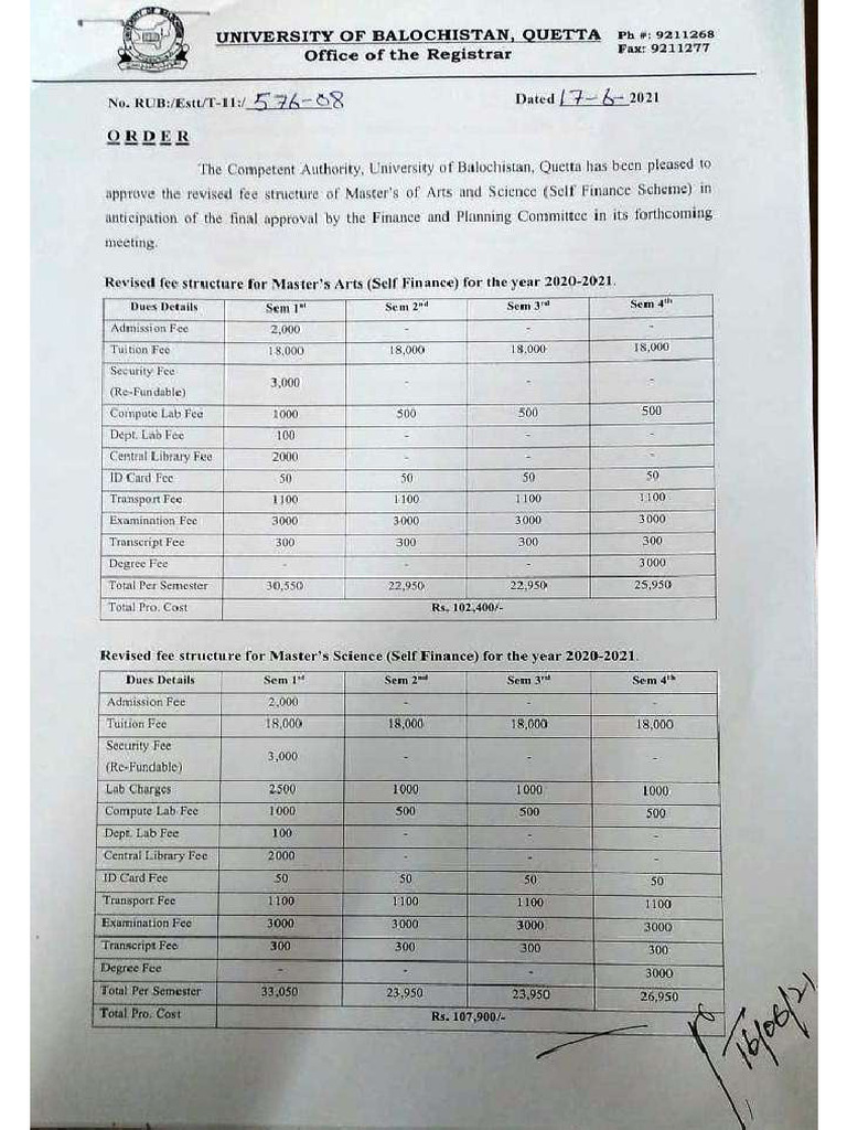 UoB New Fee Structure | PDF