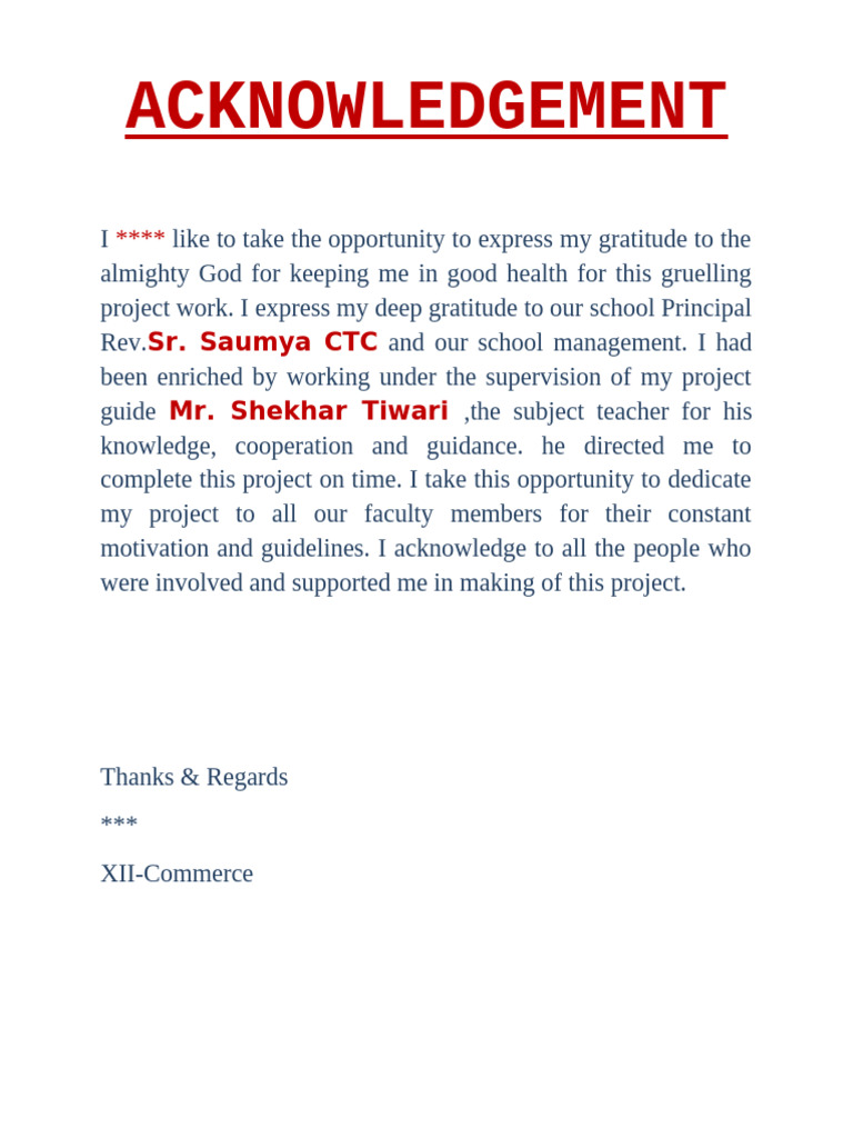 Acknowledgement for Class 12 Project | PDF