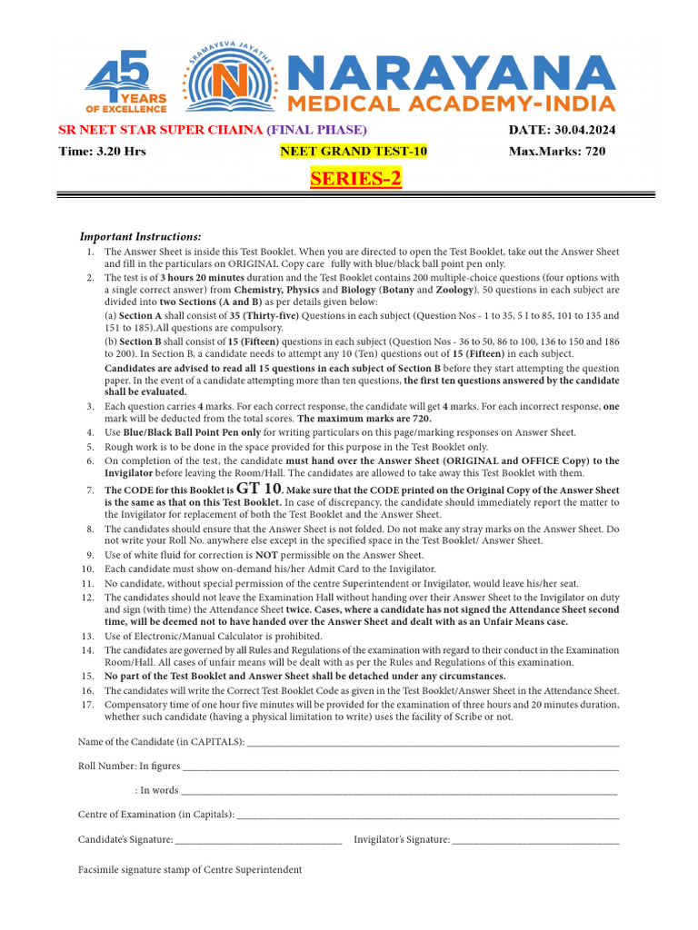 (Ser-2) SR Neet Star Super Chaina (Neet Grand Test-10) Q.P Ex - Dt. 30. ...