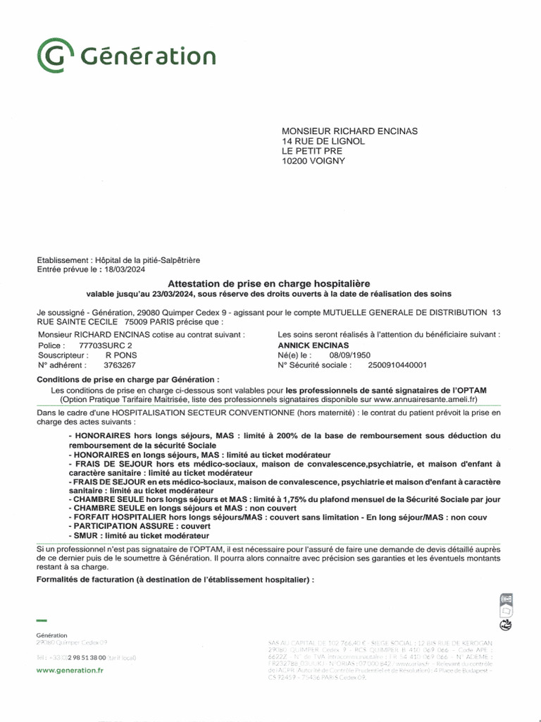 Attestation de Prise en charge Hospitalière Mutuelle 1:2 | PDF
