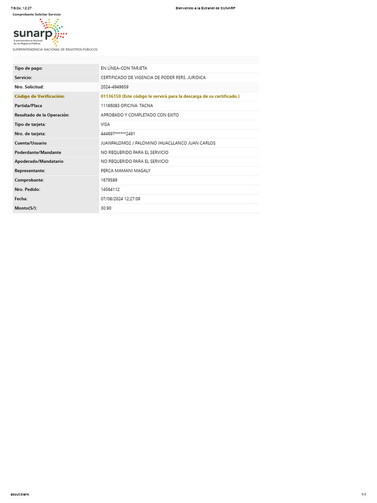 Comprobante de Pago SUNARP | PDF