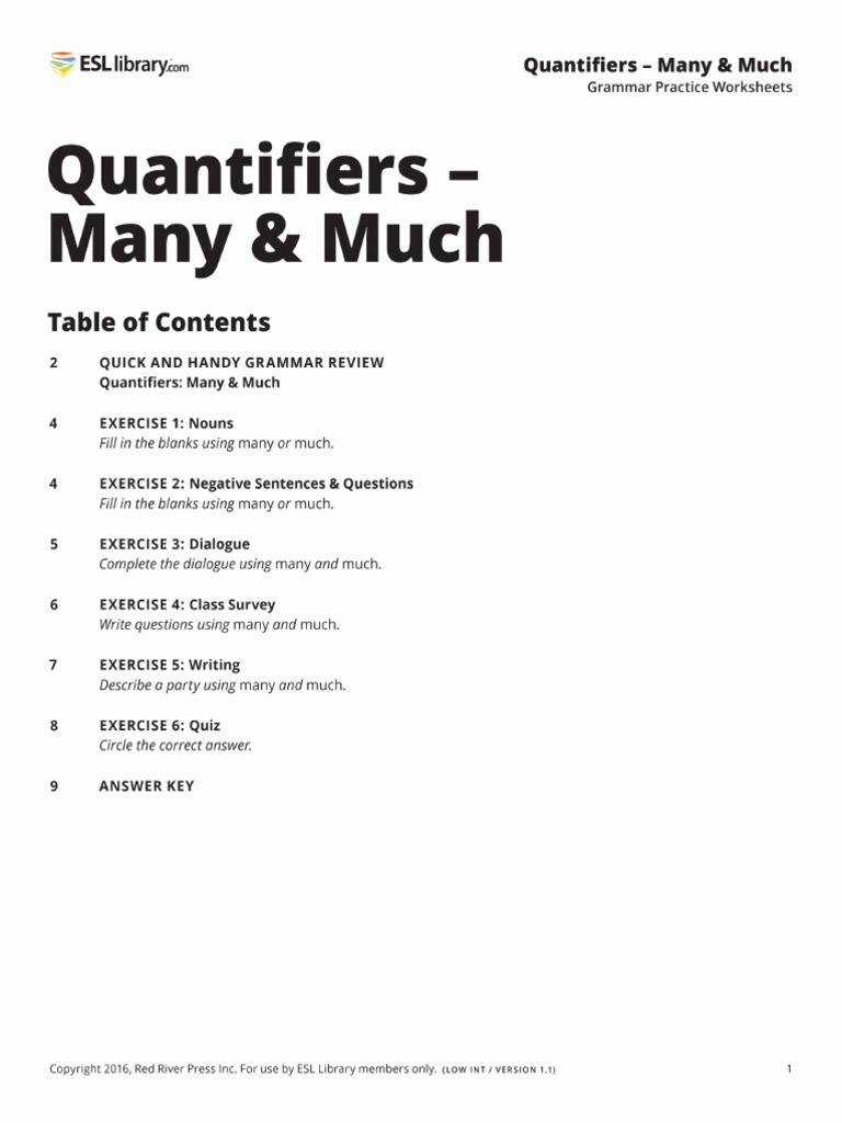 Quantifiers - Many Much - Ellii Formerly ESL Library | PDF