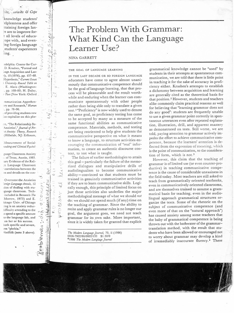 09 - Garrett (1986) The Problem With Grammar, What Kind Can The ...