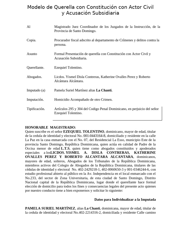 Modelo de Querella Con Constitución Con Actor Civil y Acusación Subsidiaria | PDF | Victimologia ...