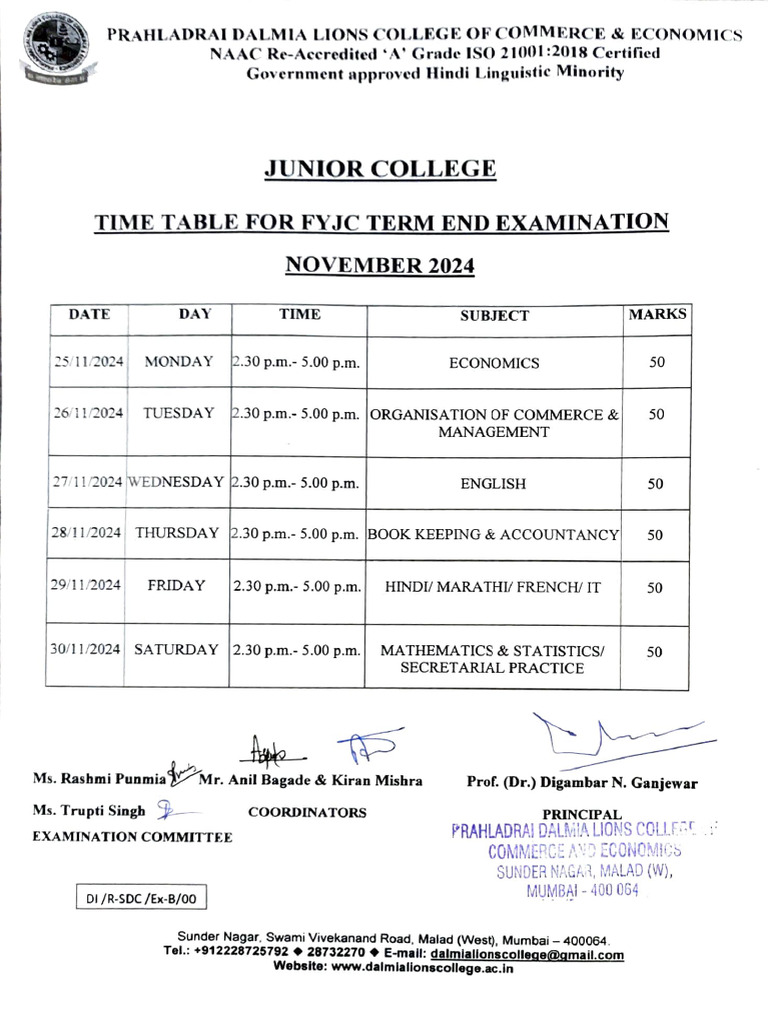 FYJC Term End Examination Timetable | PDF