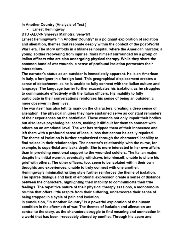 In Another Country Notes DTU-2 | PDF | Ernest Hemingway | Psychological ...