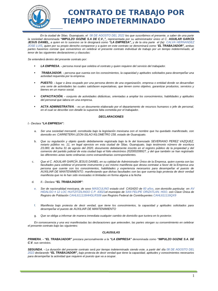 2.-Contrato Indeterminado Gozne | PDF | Tiempo de trabajo | Business