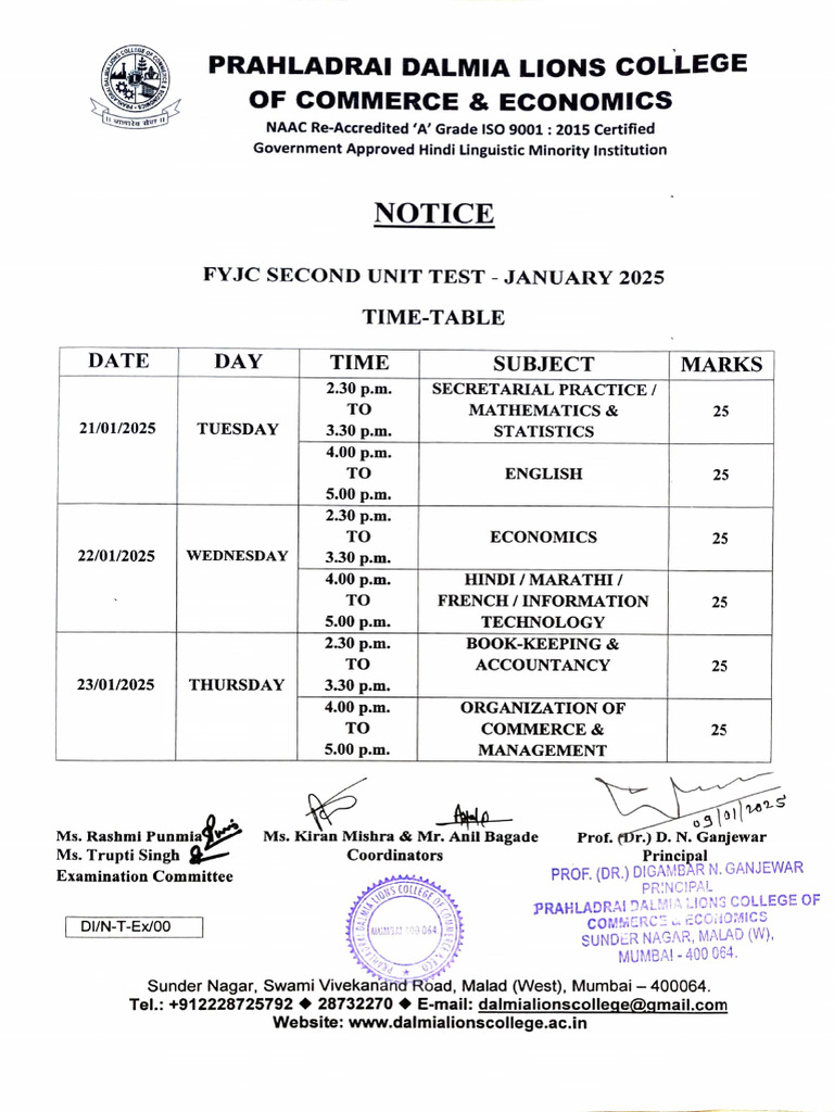 FYJC IInd Unit Test - Timetable | PDF