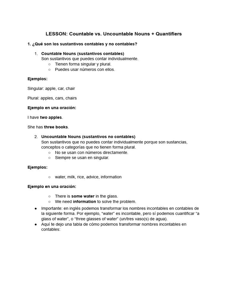 Lesson (A2-B1) Countable vs. Uncountable + Quantifiers | PDF | Unidades ...