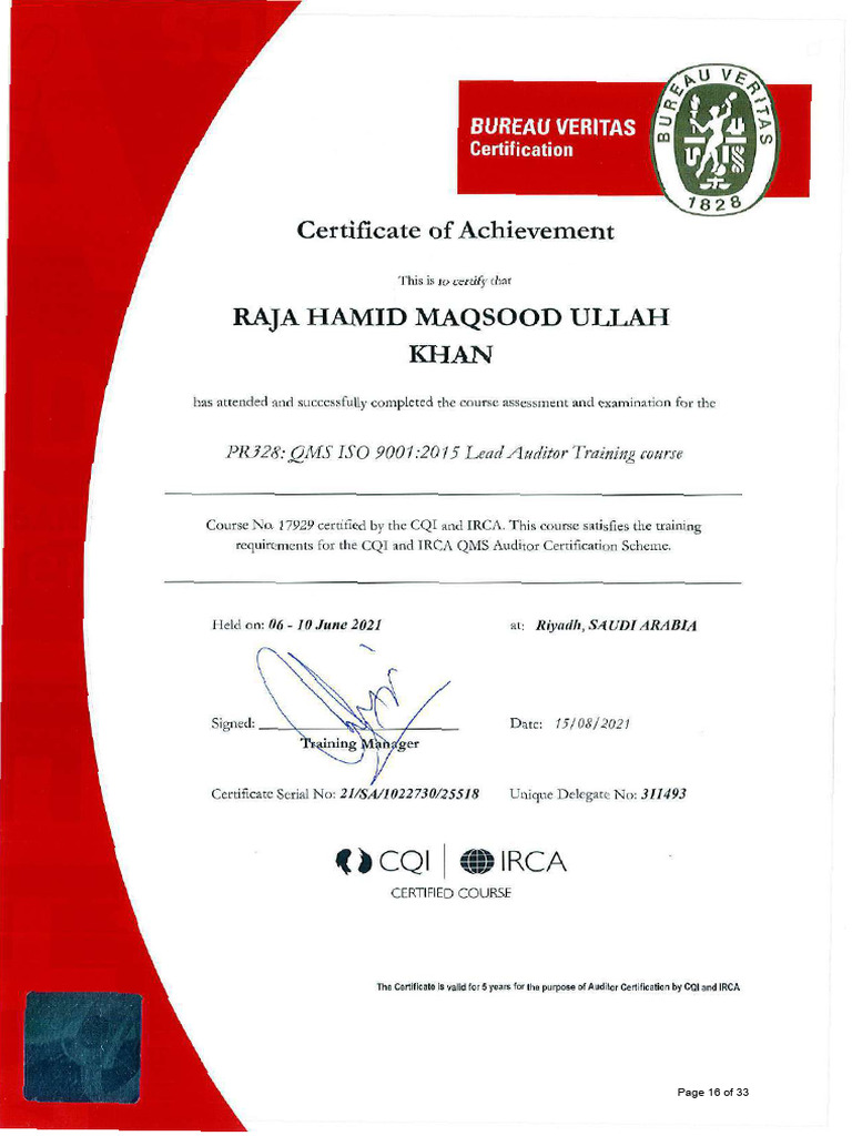 ISO and Superpave Cartificate RAJA HAMID For Quality Manager | PDF