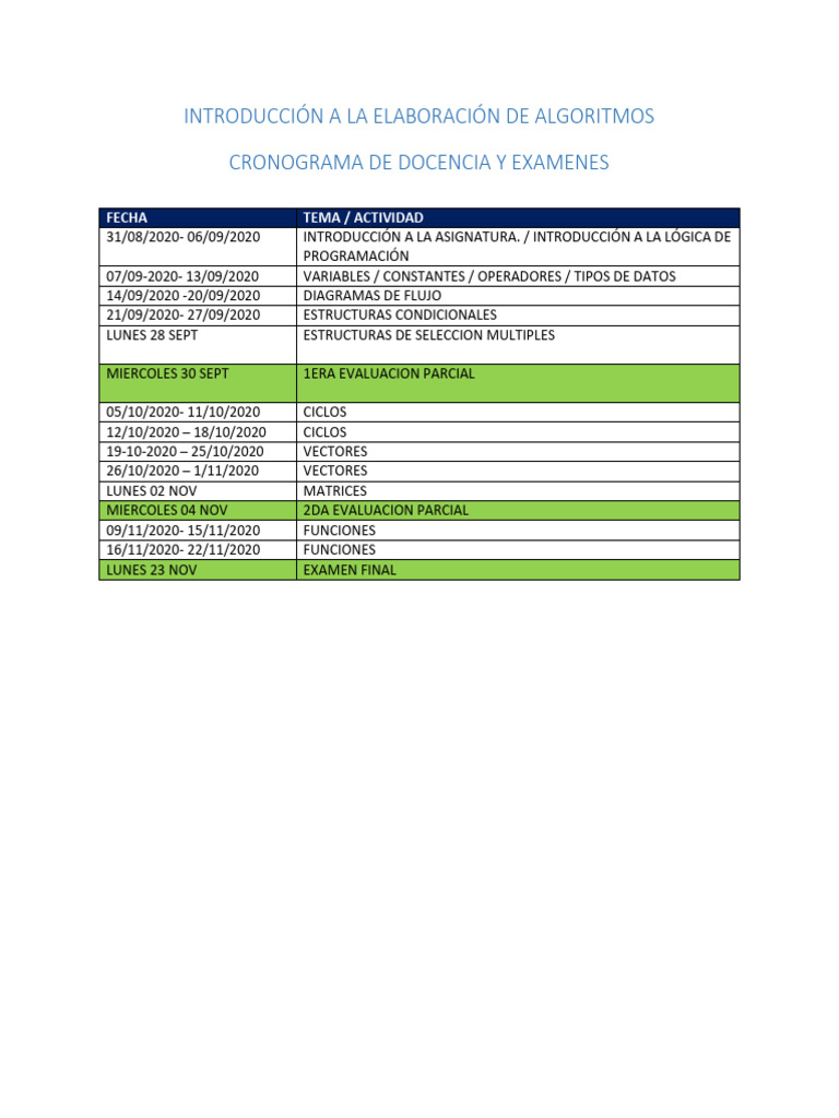 Cronograma c3-2020 Algoritmos | PDF