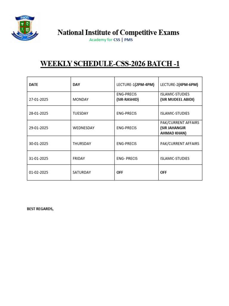Weekly Schedule-Css 2026 Batch-1 | PDF