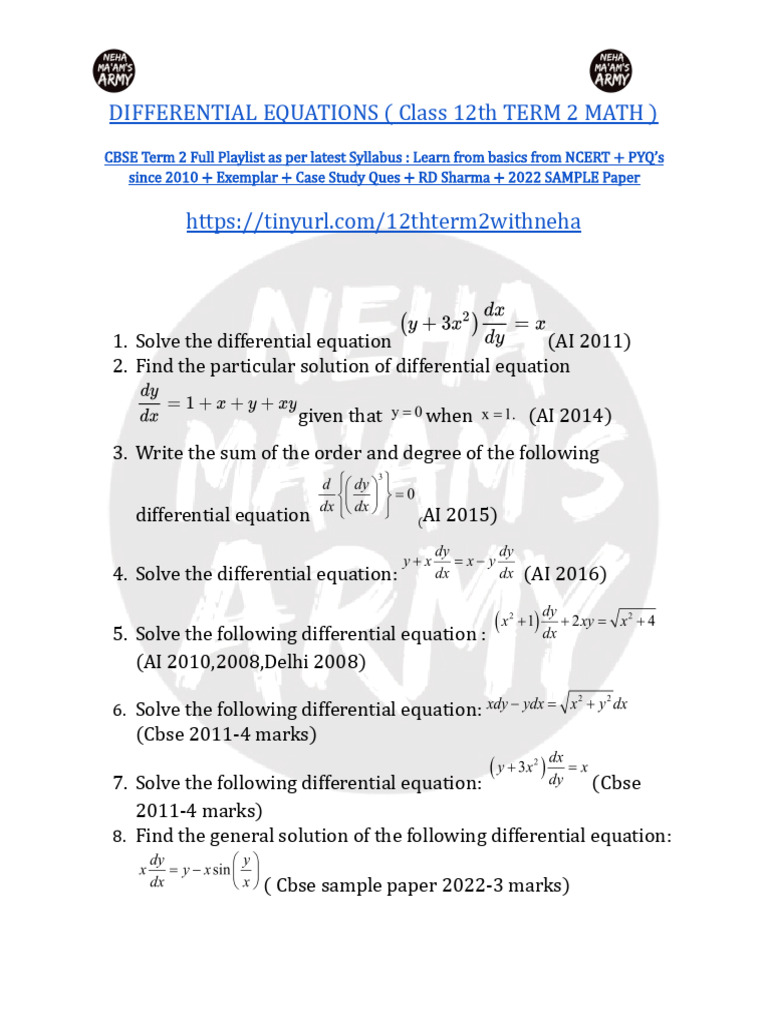 Class 12 Differential Equations Guide | PDF