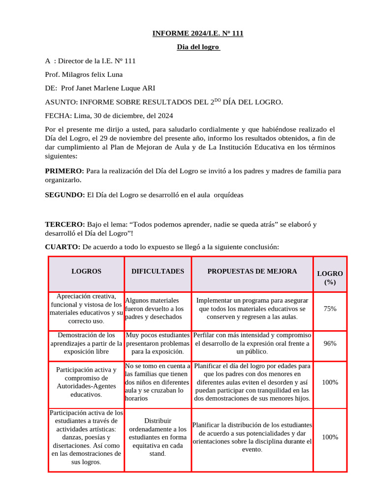Informe Día del Logro 2024 I.E. Nº 111 | PDF | Aprendizaje