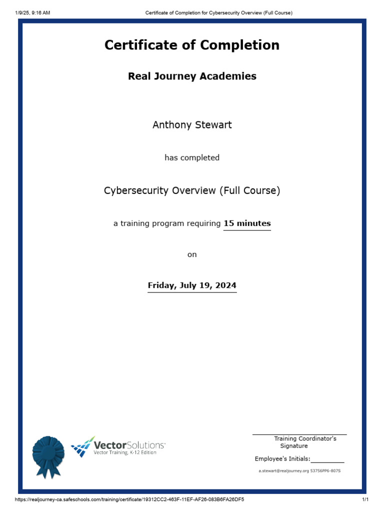 Certificate of Completion For Cybersecurity Overview (Full Course) | PDF