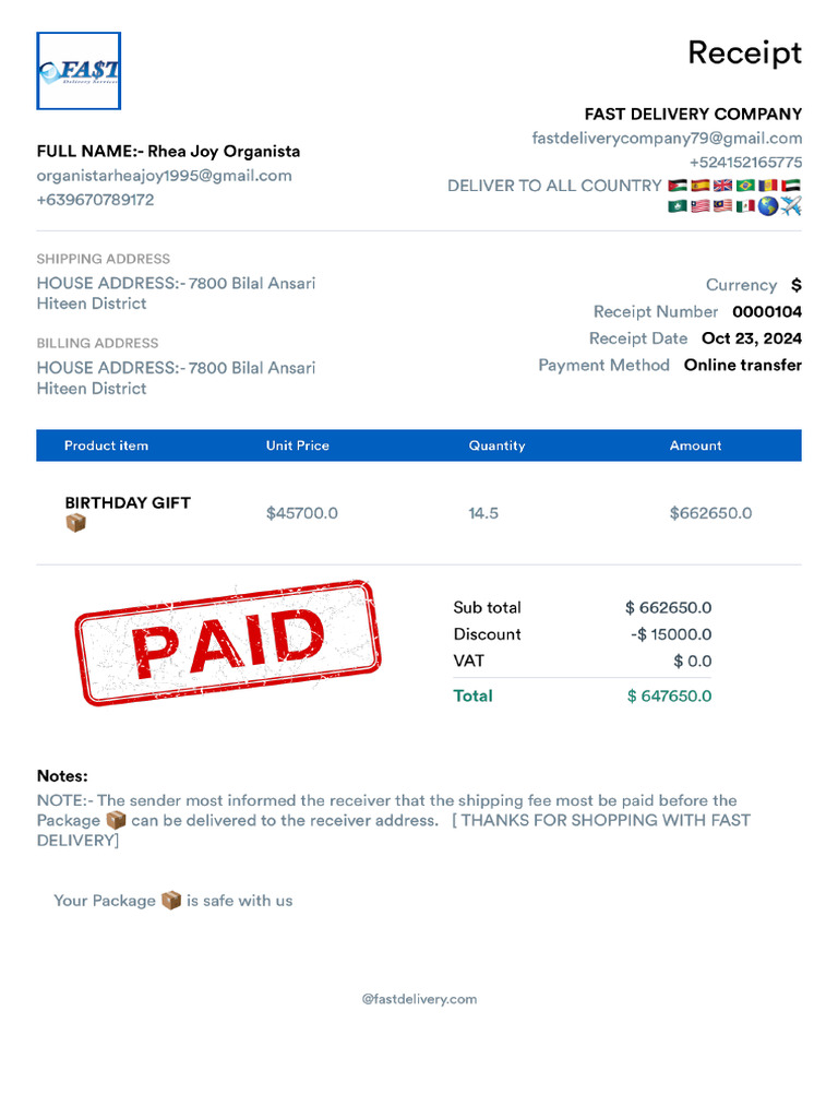 Pastel Swift Receipt - FULL NAME- Rhea Joy Organista - Oct 23, 2024 | PDF