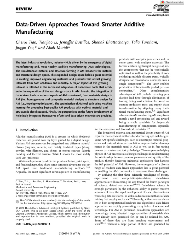 Data Driven Approaches Toward Smarter Additive Manufacturing | PDF | Molecular Dynamics ...