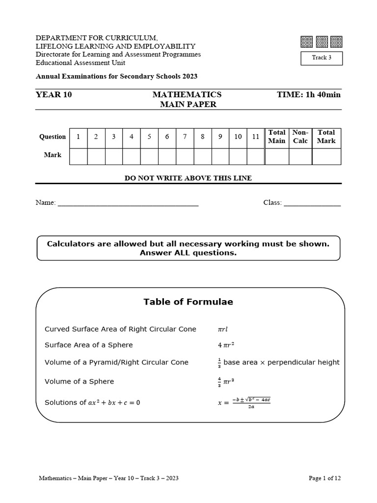 Year 10 Mathematics Exam Paper 2023 | PDF | Area | Circle