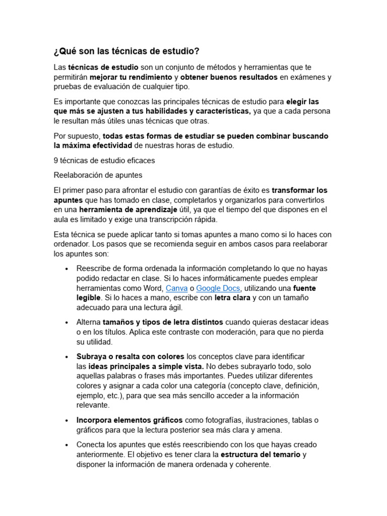 Las Técnicas de Estudio | PDF | Habilidades de estudio | Sumario abstracto)