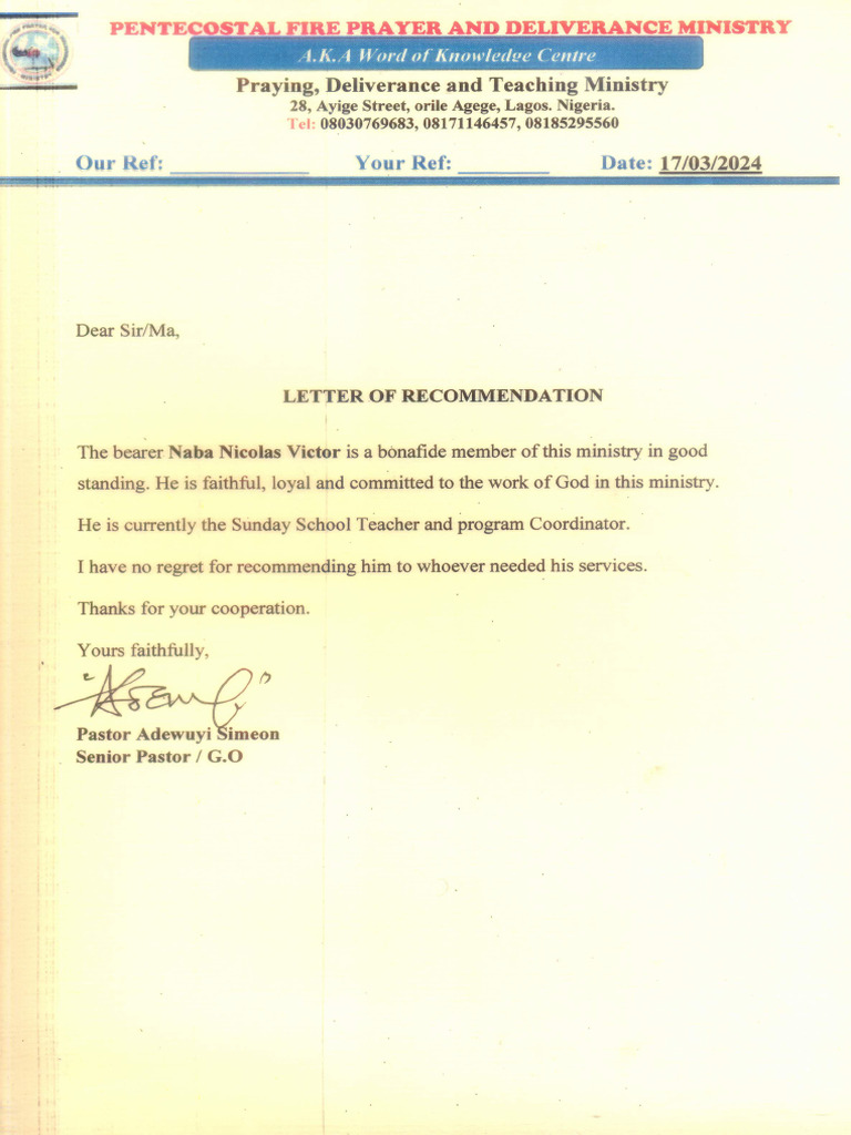 Church recommendation letter | PDF