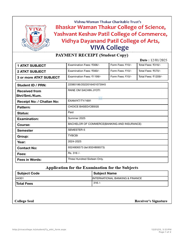 VIVA College | Receipt | PDF