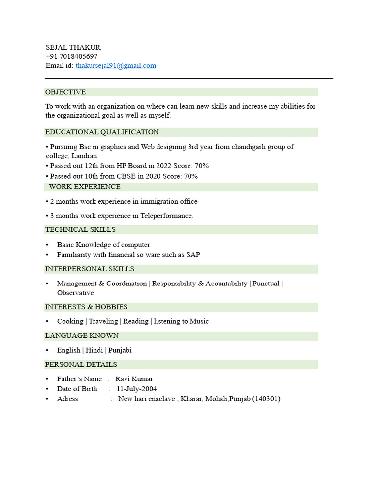 Sejal Thakur: Resume & Skills Overview | PDF