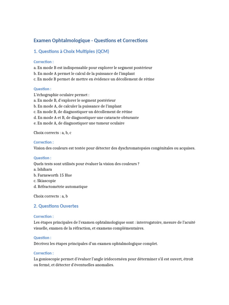 Examen Ophtalmologique : QCM et Corrections | PDF