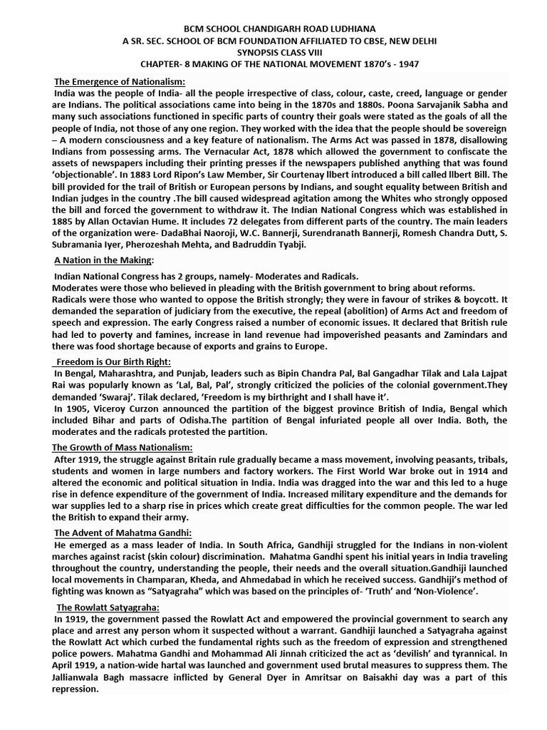 Class 8 Chapter - The Making of National Movement | PDF | British Raj ...