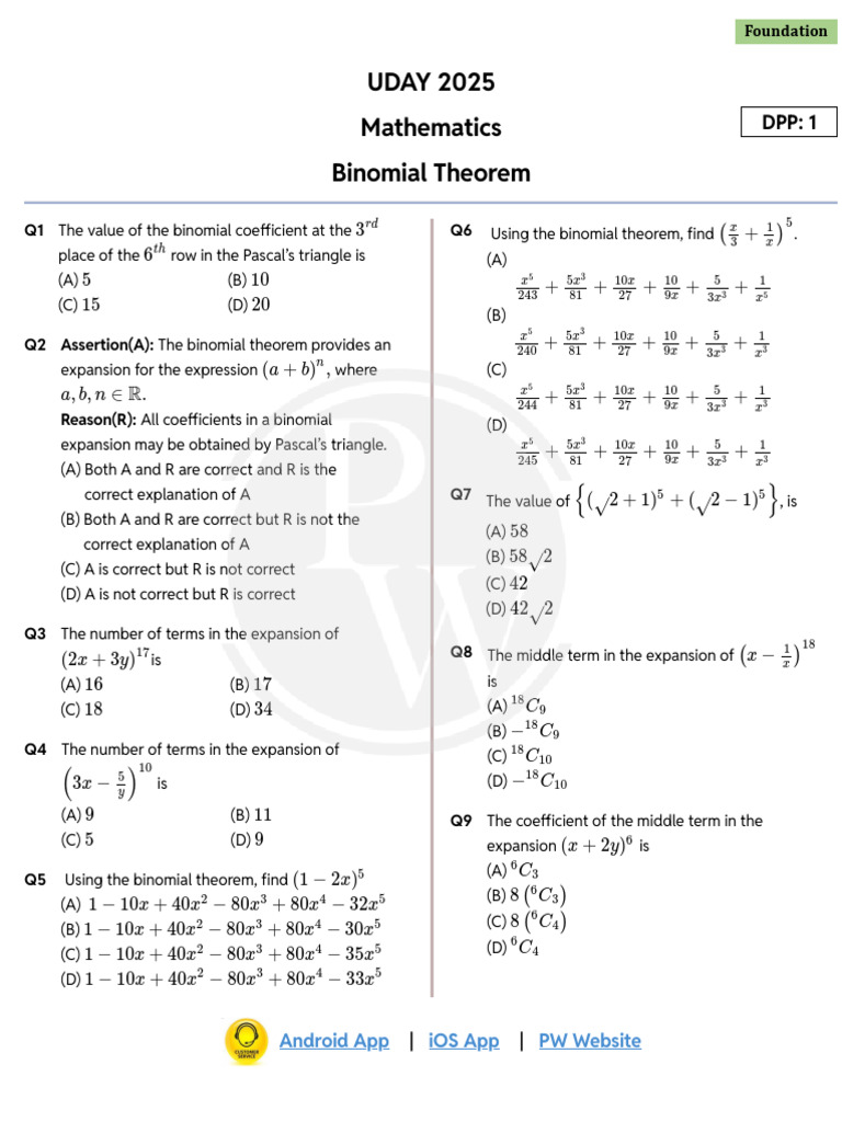 Binomial Theorem - DPP 01 (Of Lecture 02) - Uday 2025 | PDF | Complex Analysis | Elementary ...