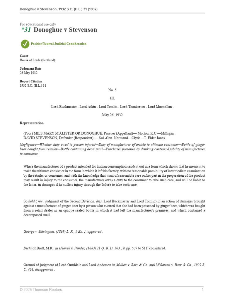Donoghue v Stevenson | PDF | Negligence | Duty Of Care