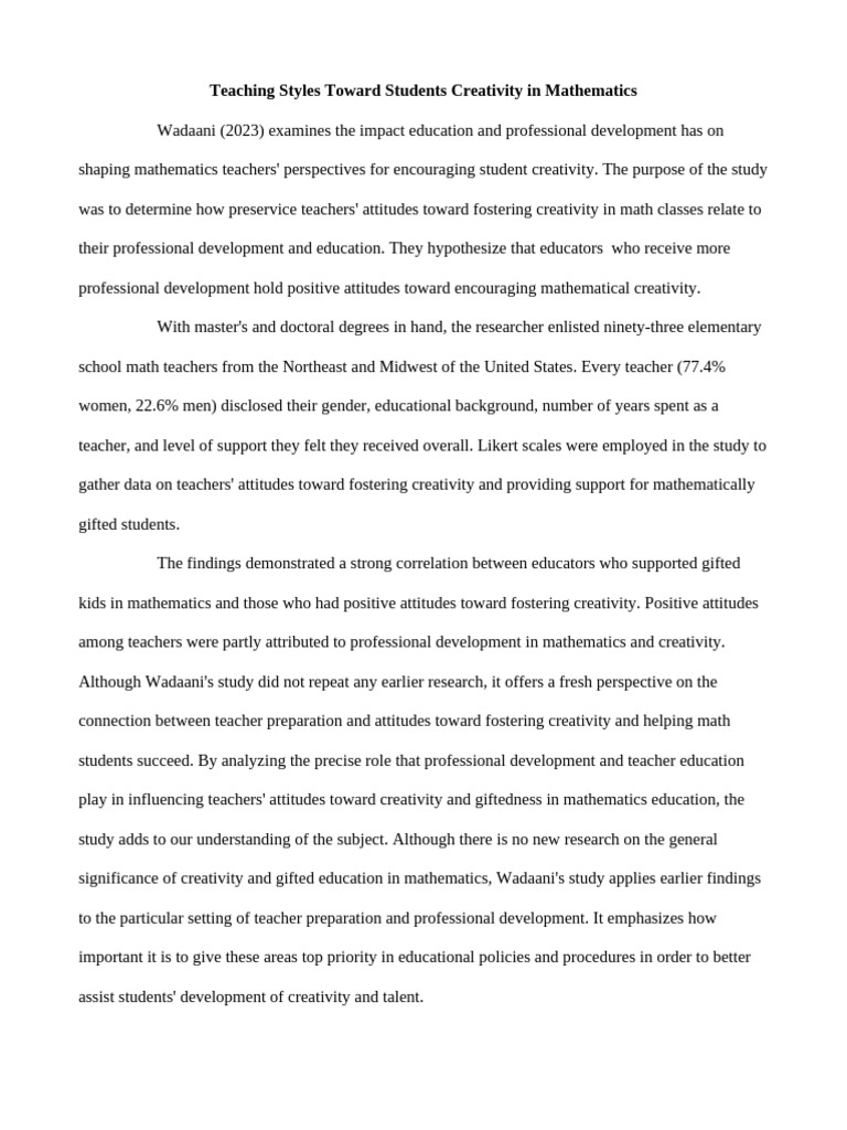 Teaching Styles Toward Students Creativity in Mathematics | PDF ...