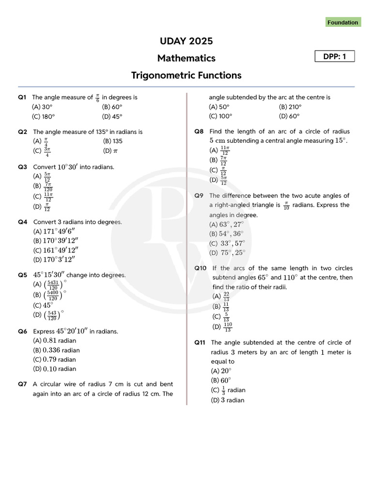 Trigonometric Functions - DPP 01 - Uday 2025 | PDF | Minute And Second Of Arc | Angle