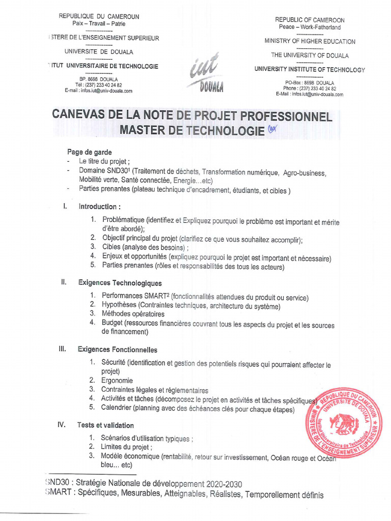 Canevas Projet Professionnel Master de Technologie 2025 ZM | PDF