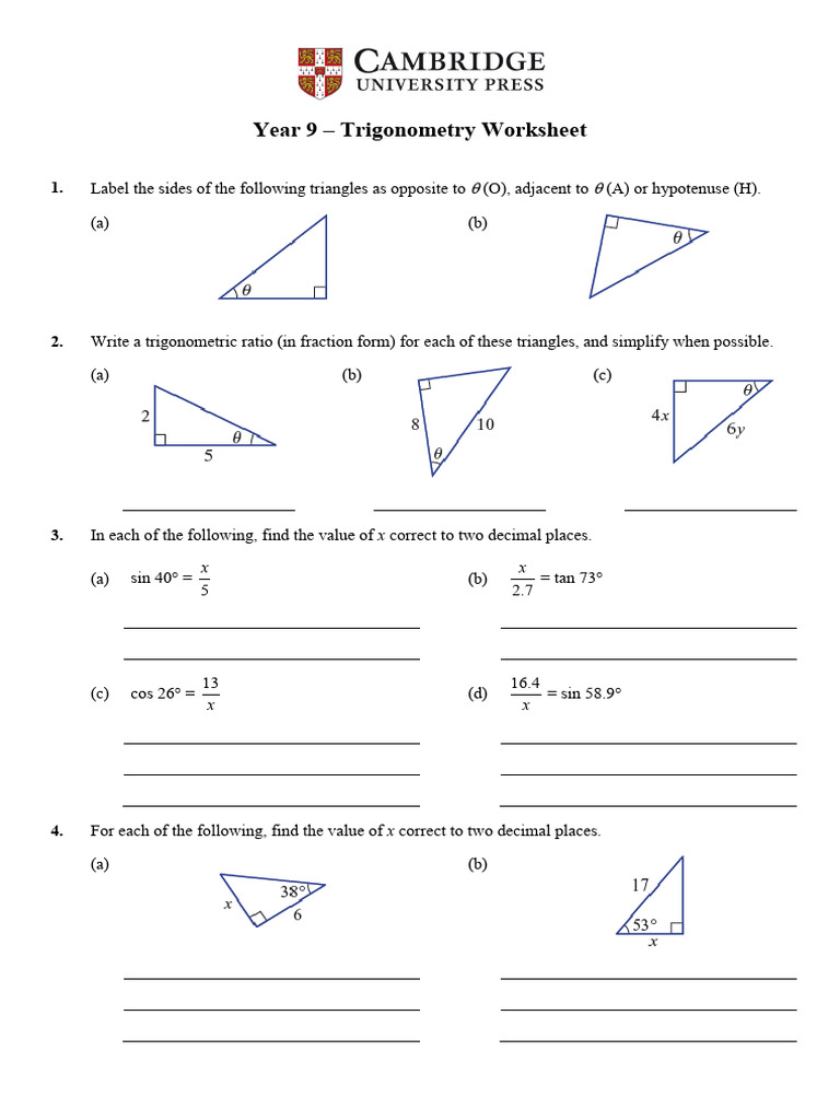 Year 9 Trigonometry Worksheet Guide | PDF