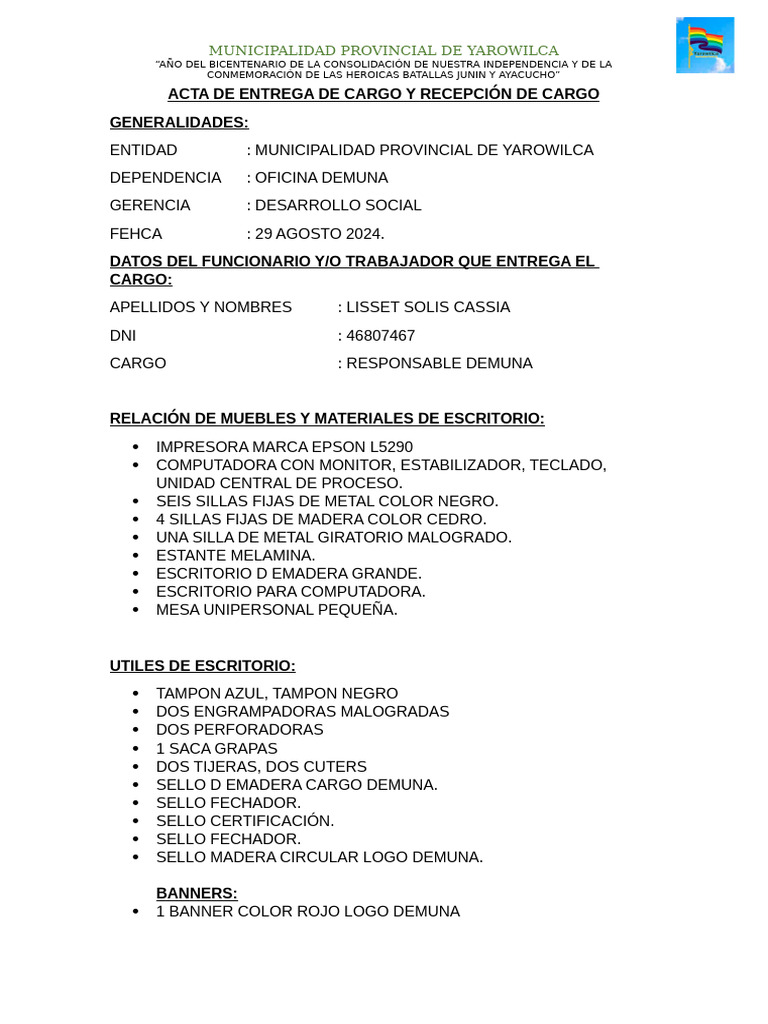 ACTA DE ENTREGA DE CARGO Y RECEPCIÓN DE CARGO | PDF